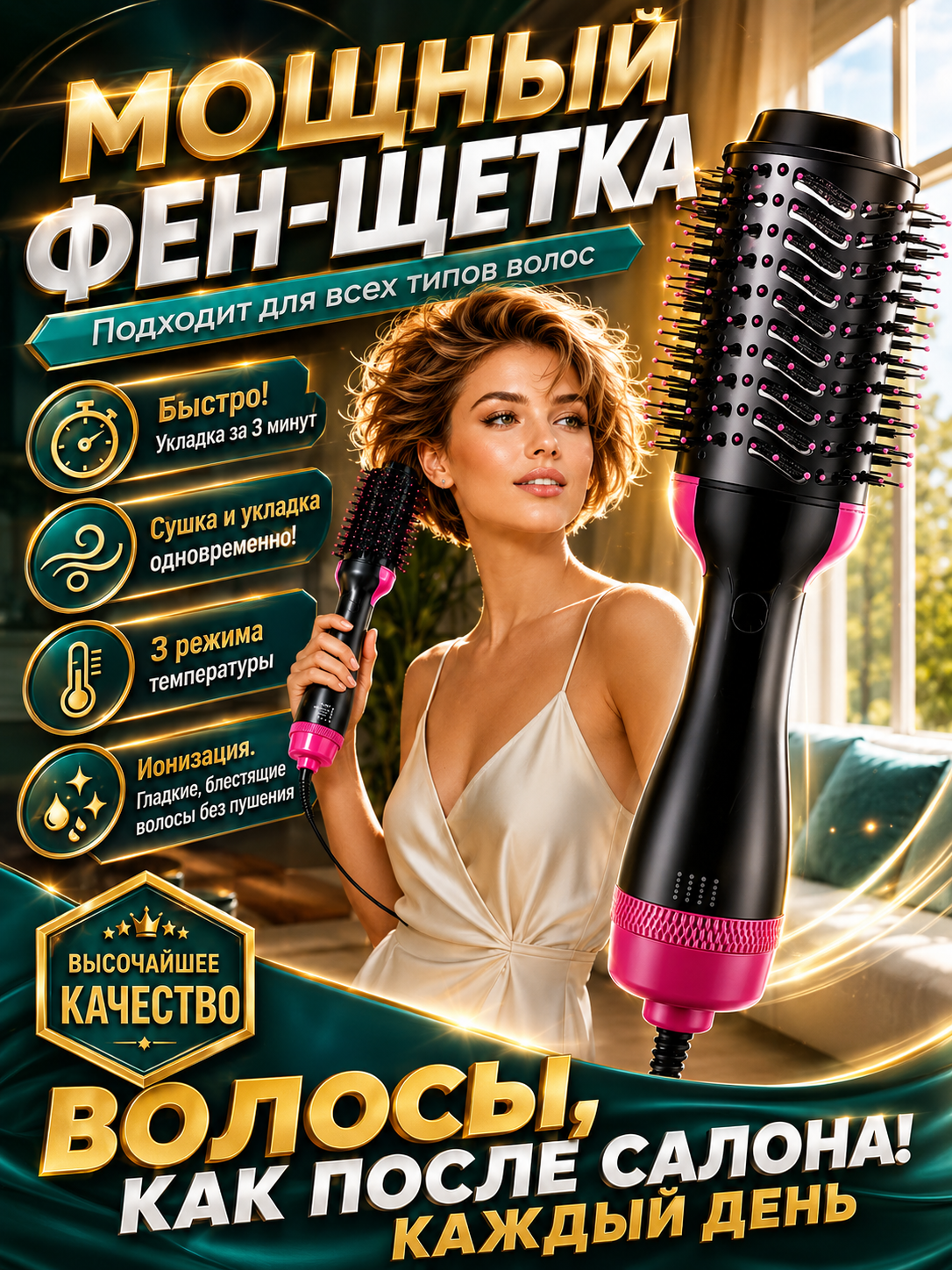 Фен-щетка для волос / Расческа с ионизацией One Step Фен-щётка (расчёска-фен) для волос Hair Dryer 3 в 1