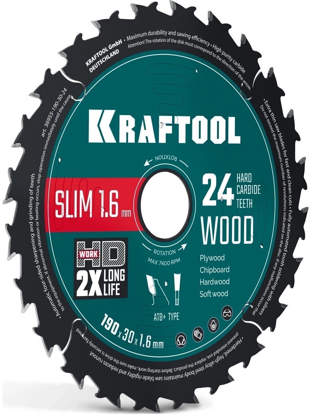 Диск пильный по дереву KRAFTOOL Slim wood cut 190 х 30 x 1.6 мм, 24Т