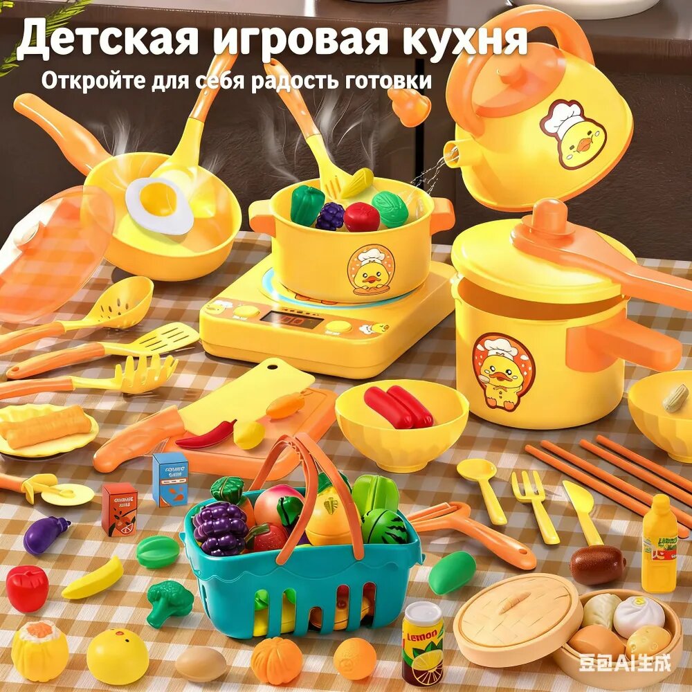Игровой набор кухни для детей Желтый утенок, 34 предмета, имитационная плита с звуком, набор для ролевых игр 300
