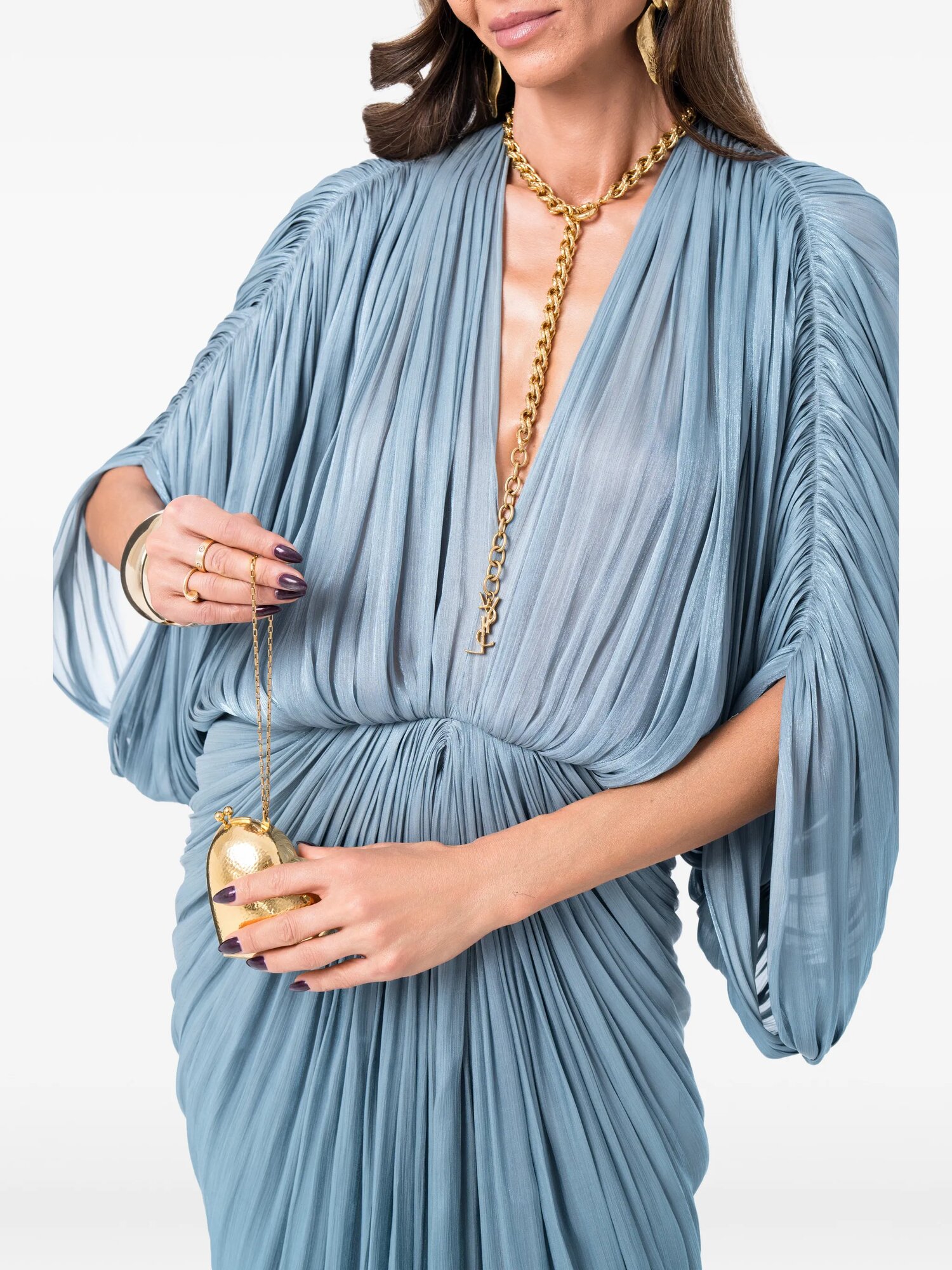 Платье ANA RADU Plissé-effect draped maxi dress, размер XS, Синий принт — фото 1