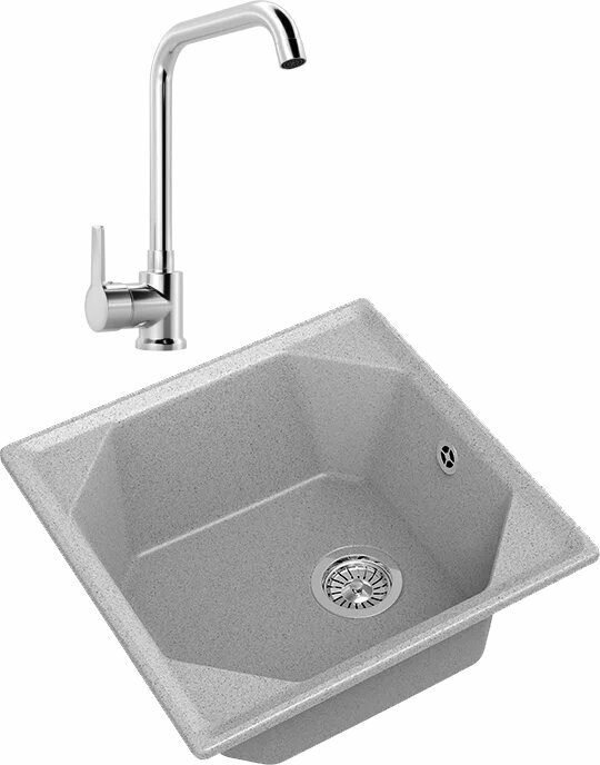 Комплект Мойка GranFest Unique U-500 50x50, серая, искусственный мрамор / Смеситель MEGA Ege MG-PL10 глянцевый хром, хром