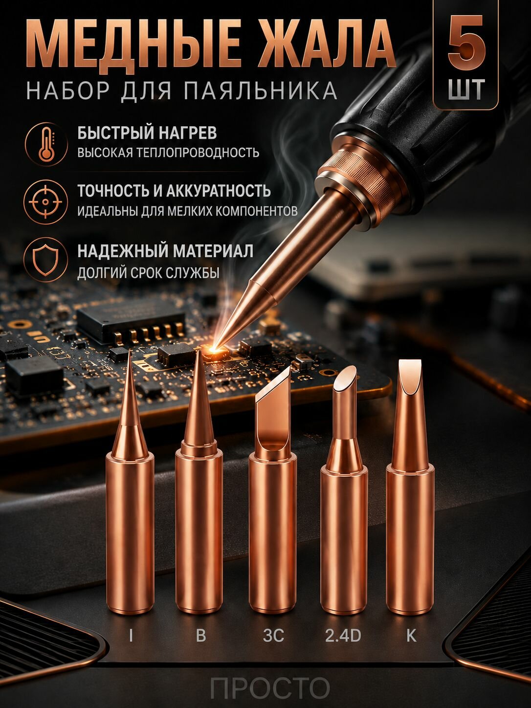 Набор медных жал для паяльника 900М-Т, 5 шт медные жала набор жал для пайки 900М-Т