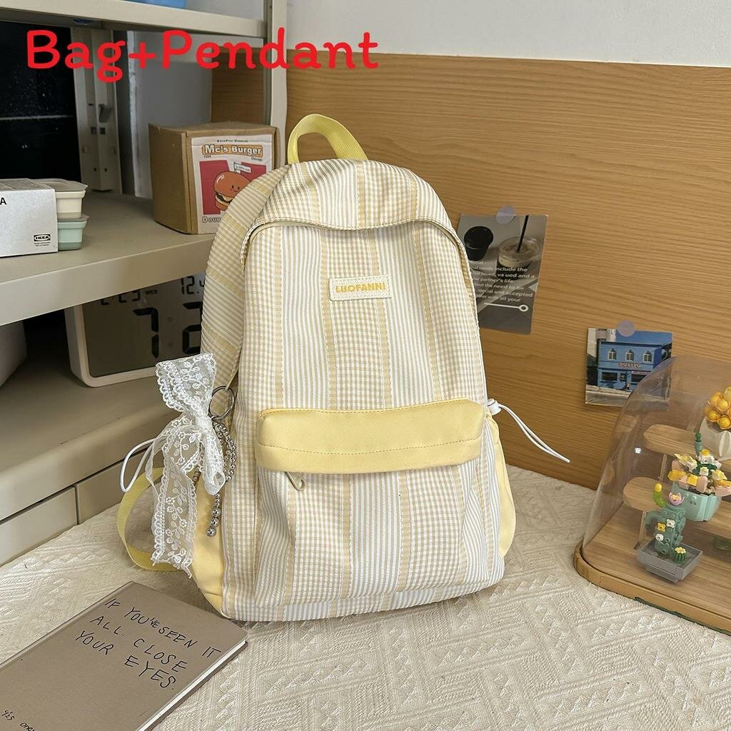 Black college backpack with nylon material and grid pattern for school and outdoor activities, yellow