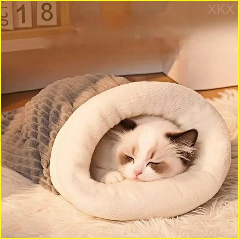 Тёплая кровать для кошки, уютная лежанка и спальный мешок