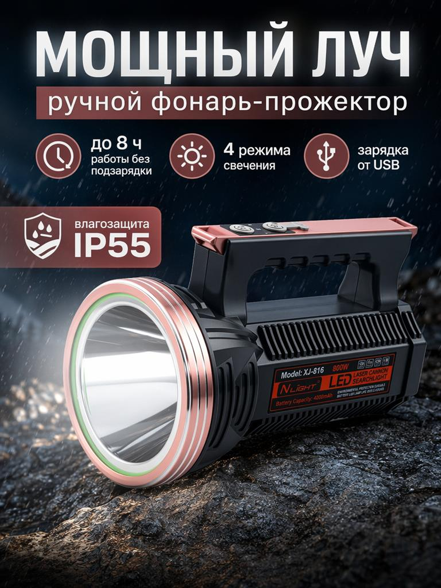 Мощный аккумуляторный фонарь прожектор с USB зарядкой, влагозащищенный