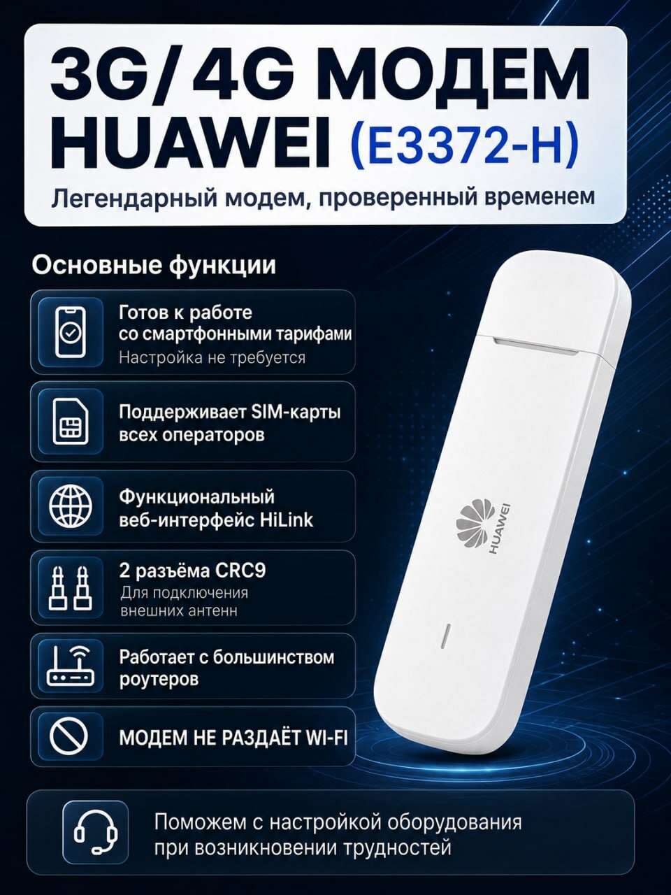 USB модем 4G E3372H-153 , прошивка Hilink, работает со всеми тарифами и операторами