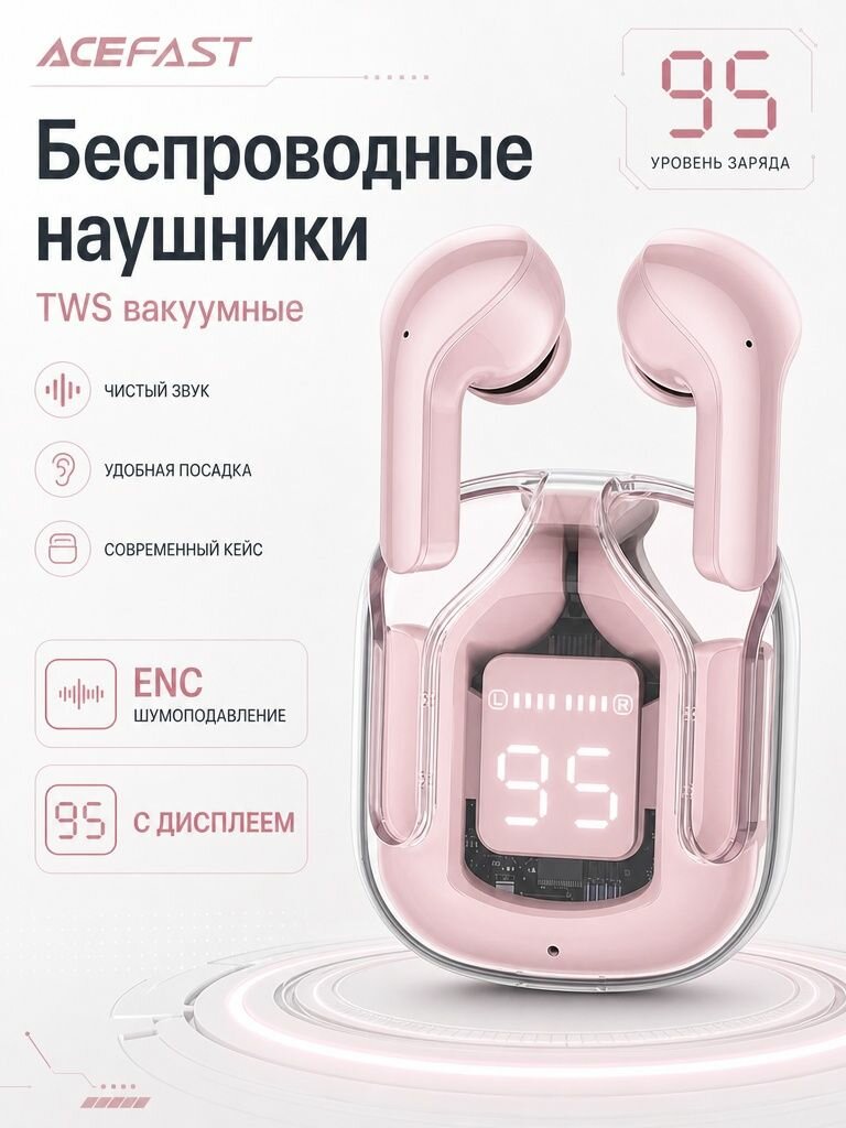 Беспроводные наушники Bluetooth Acefast T6 (TWS, вакуумные, с дисплеем, шумоподавление) Розовый