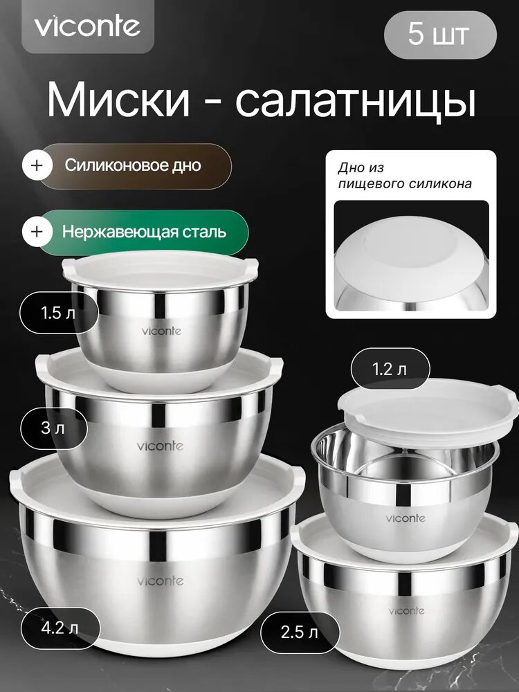 Кухонные миски из нержавеющей стали с крышками, набор 5 шт. / Салатники для кухни круглые металлические Viconte VC-81001S