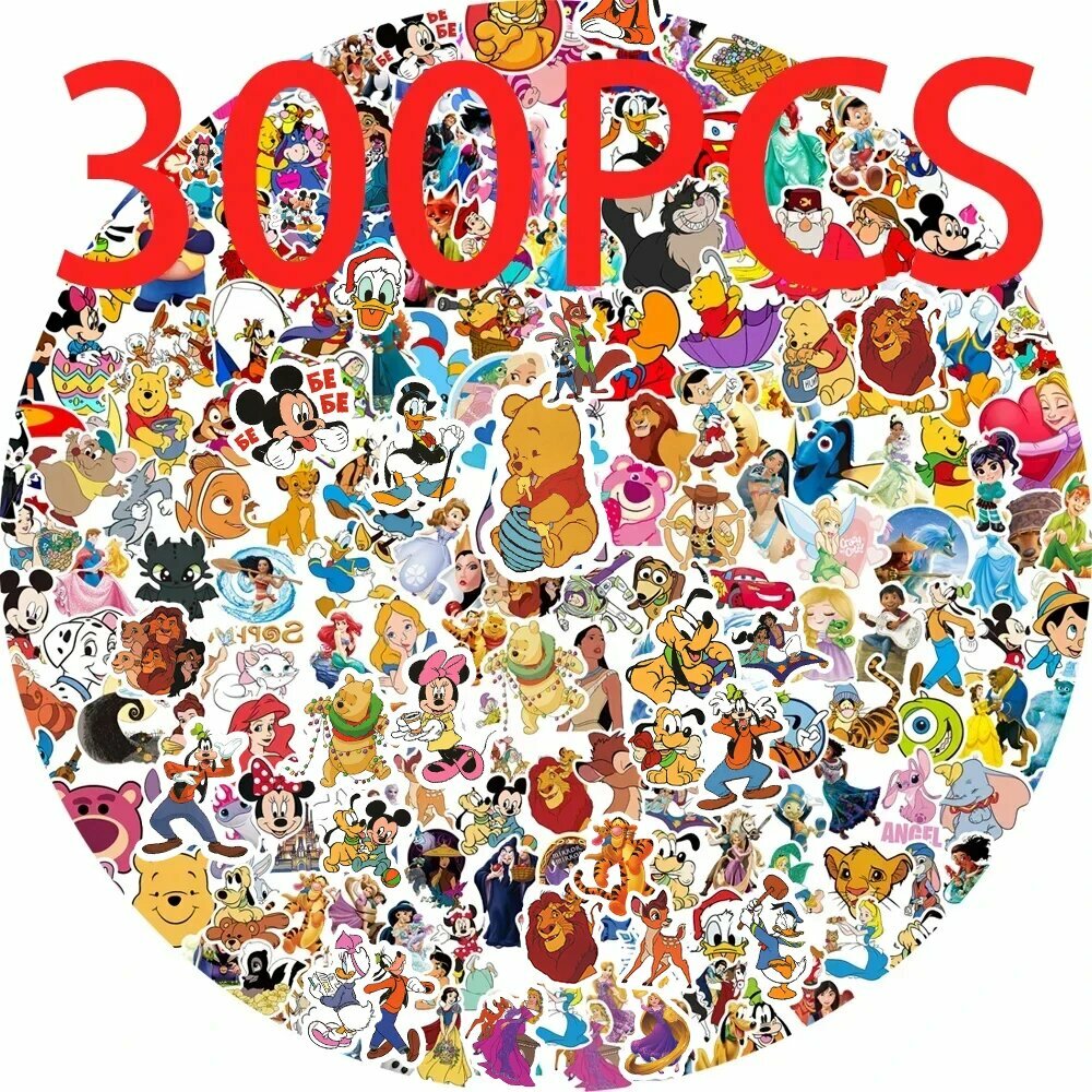 Набор Наклеек Disney Mix - 50/100/200/300 Шт. Водонепроницаемых Виниловых Наклеек С Милыми Персонажами, Такими Как Стич, Микки
