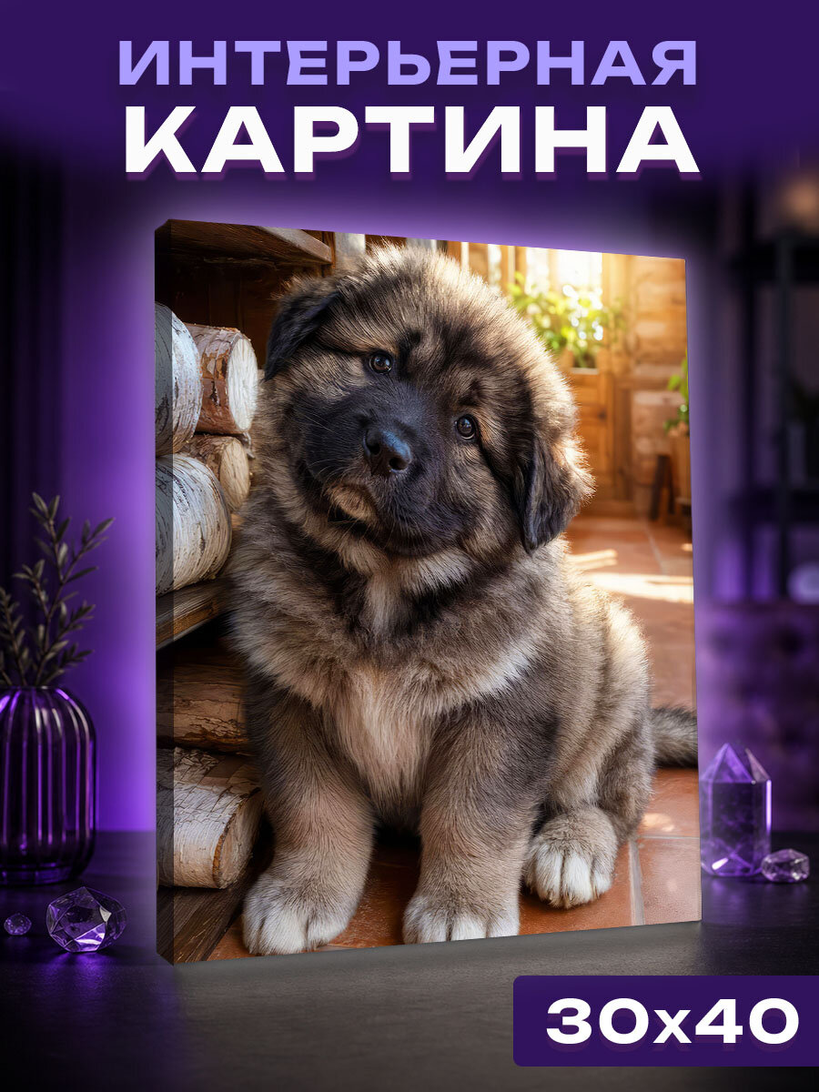 Интерьерная картина щенок кавказской овчарки у поленницы