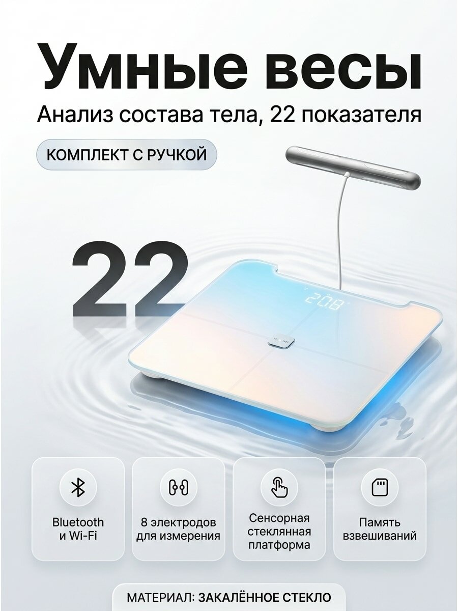 Умные весы для анализа состава тела с Bluetooth и Wi‑Fi, 22 показателя, память измерений