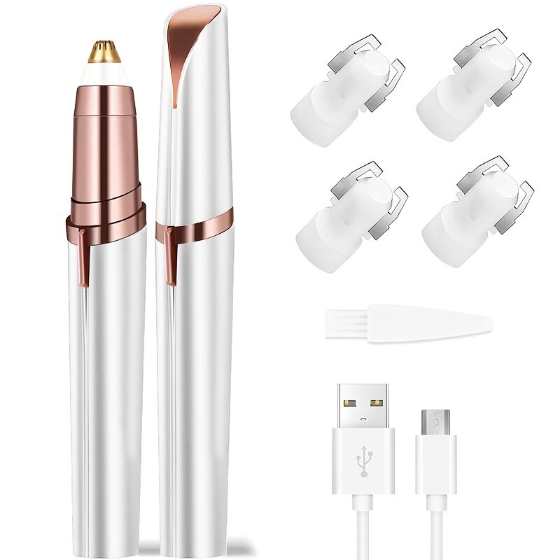 Портативный электрический триммер для бровей и бикини, 5 лезвий, USB-зарядка, одно касание, удаление волос на лице и теле, белый