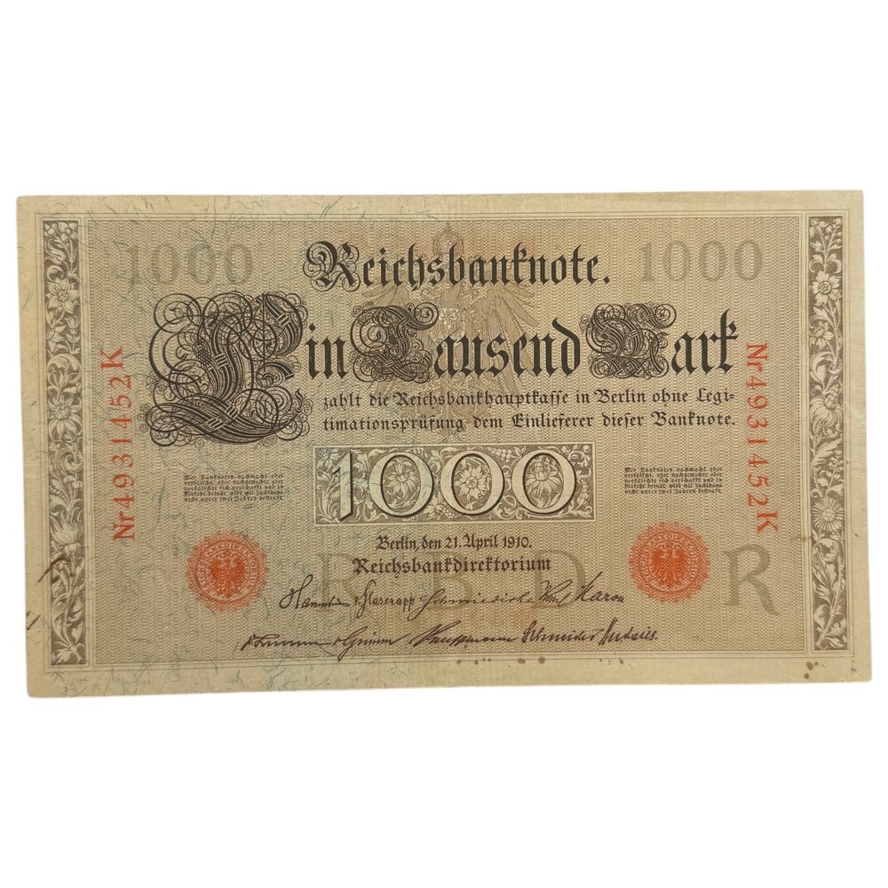Германская империя 1000 марок 1910 г. (Красные печати) (Литера R) (Серия K) (7-значный номер)