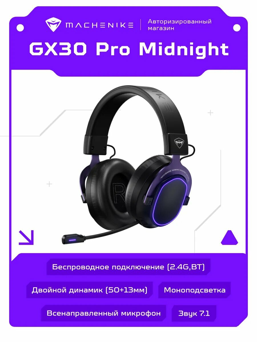 Игровые беспроводные наушники Machenike GX30 Pro Midnight JJ02GB00HRU, подсветка, двойной динамик, микрофон