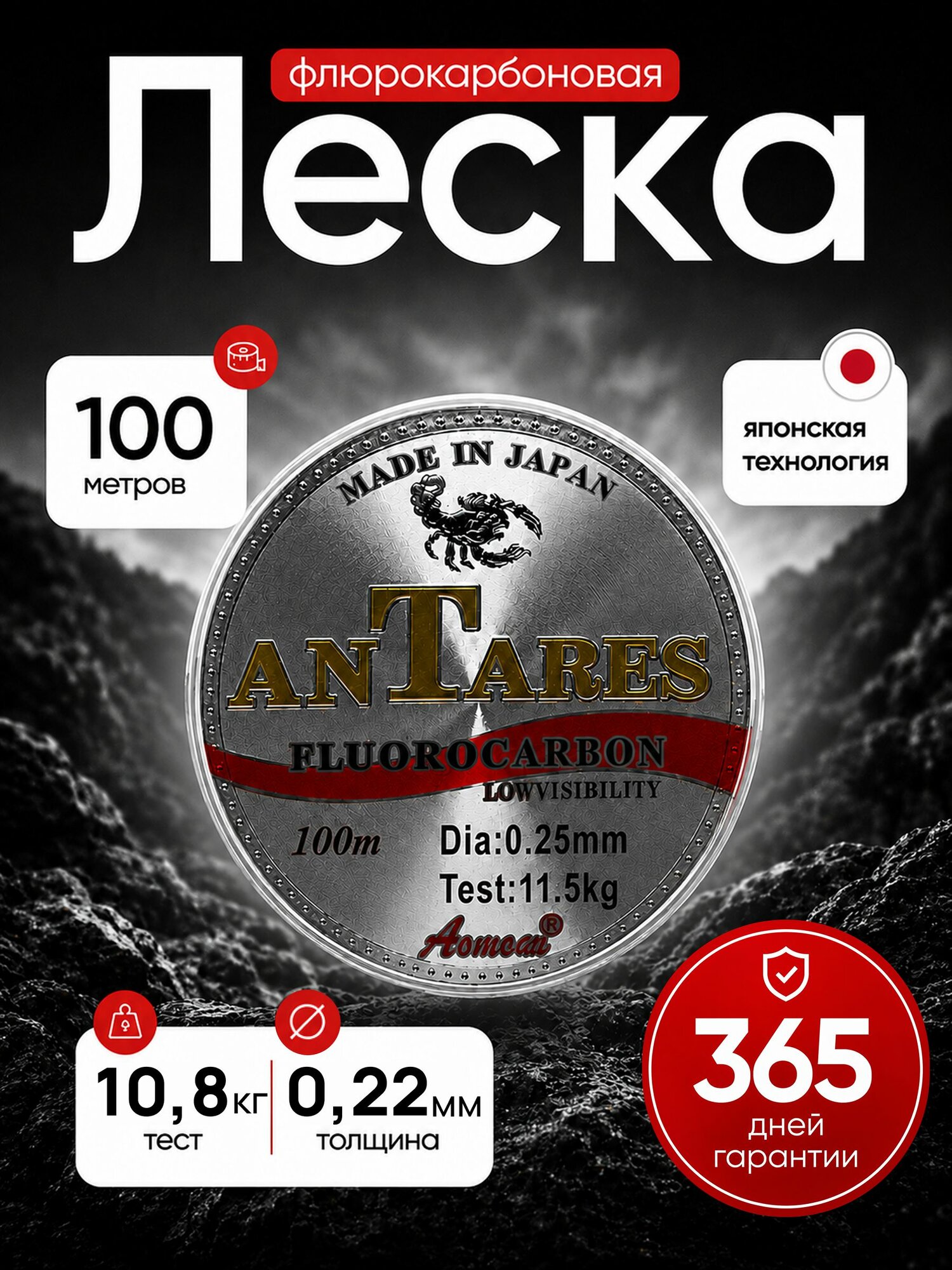 Леска для рыбалки с флюорокарбоновым покрытием Antares, намотка 100м, толщина 0.22мм