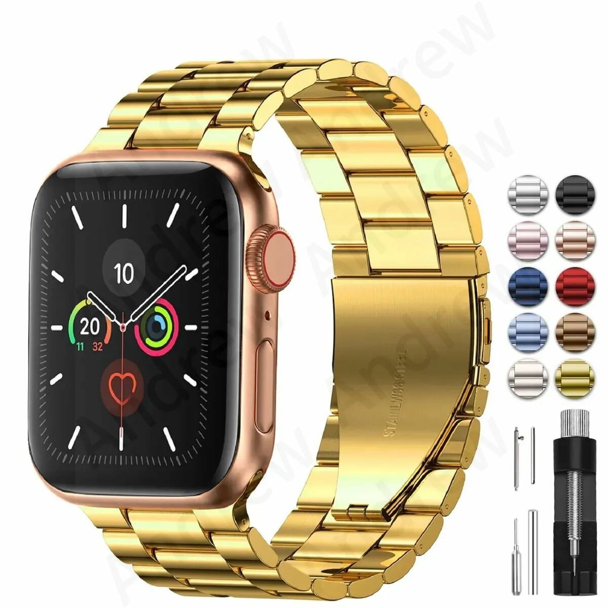 Металлический блочный стальной ремешок для смарт часов Apple Watch Series 1-9 , SE и Ultra , 38mm 40mm 41mm 42mm , золотой