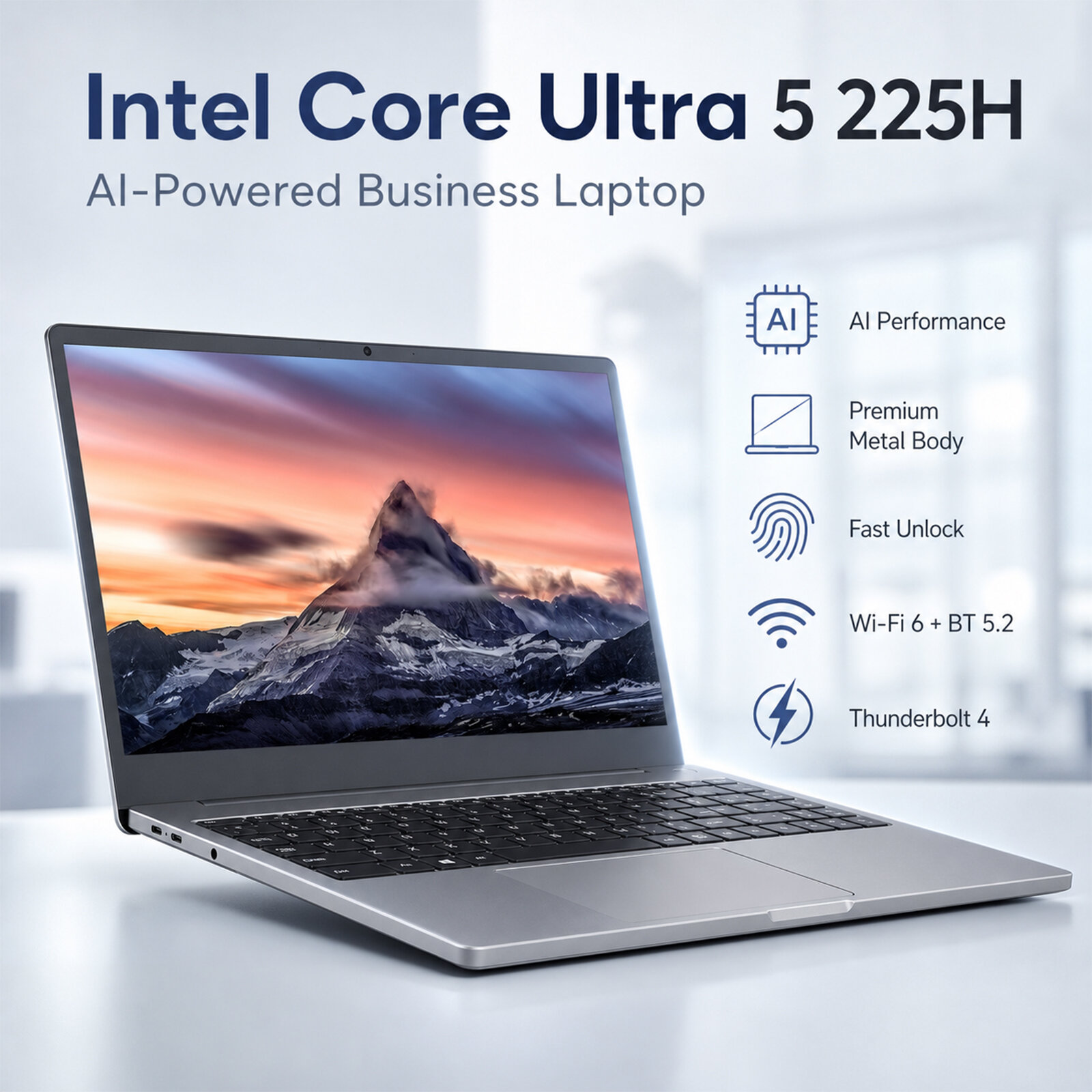 Ноутбук Intel Ultra 5 225H с ИИ-ускорением, 15.6" IPS, металл, биометрия, WiFi 6, Thunderbolt 4, быстрая зарядка