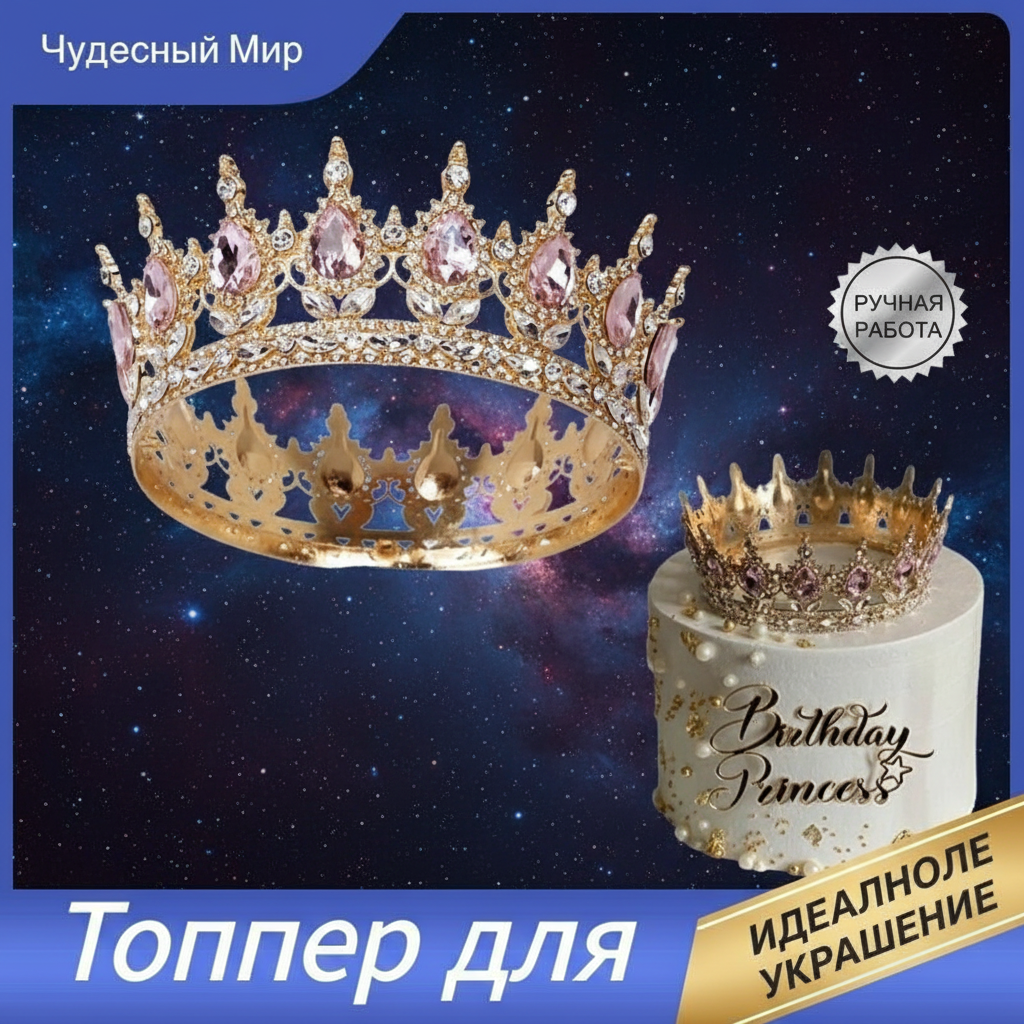 Топпер золотой короны с розовыми бриллиантами биопластик 200 г