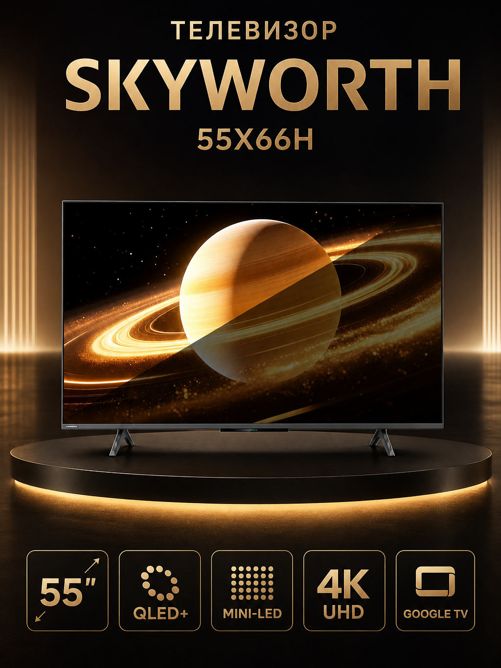 Телевизор Skyworth 55" 55X66H, QLED+, 4K Ultra HD, Google TV, черный