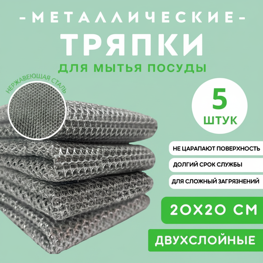 5 штук двухслойная узелковая сетка металлическая для мытья посуды профессиональная