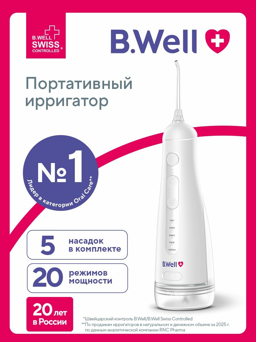 Ирригатор для полости рта портативный B.Well PRO-901, 5 насадок, 20 режимов работы