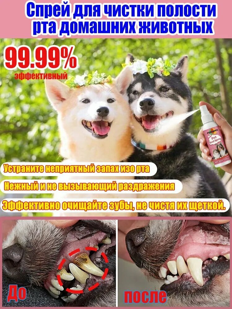 Универсальный спрей для ухода за полостью рта, подходящий для кошек и собак. Не требует чистки зубов. Освежает дыхание питомца, удаляет зубной налет и защищает десны. 300 мл.