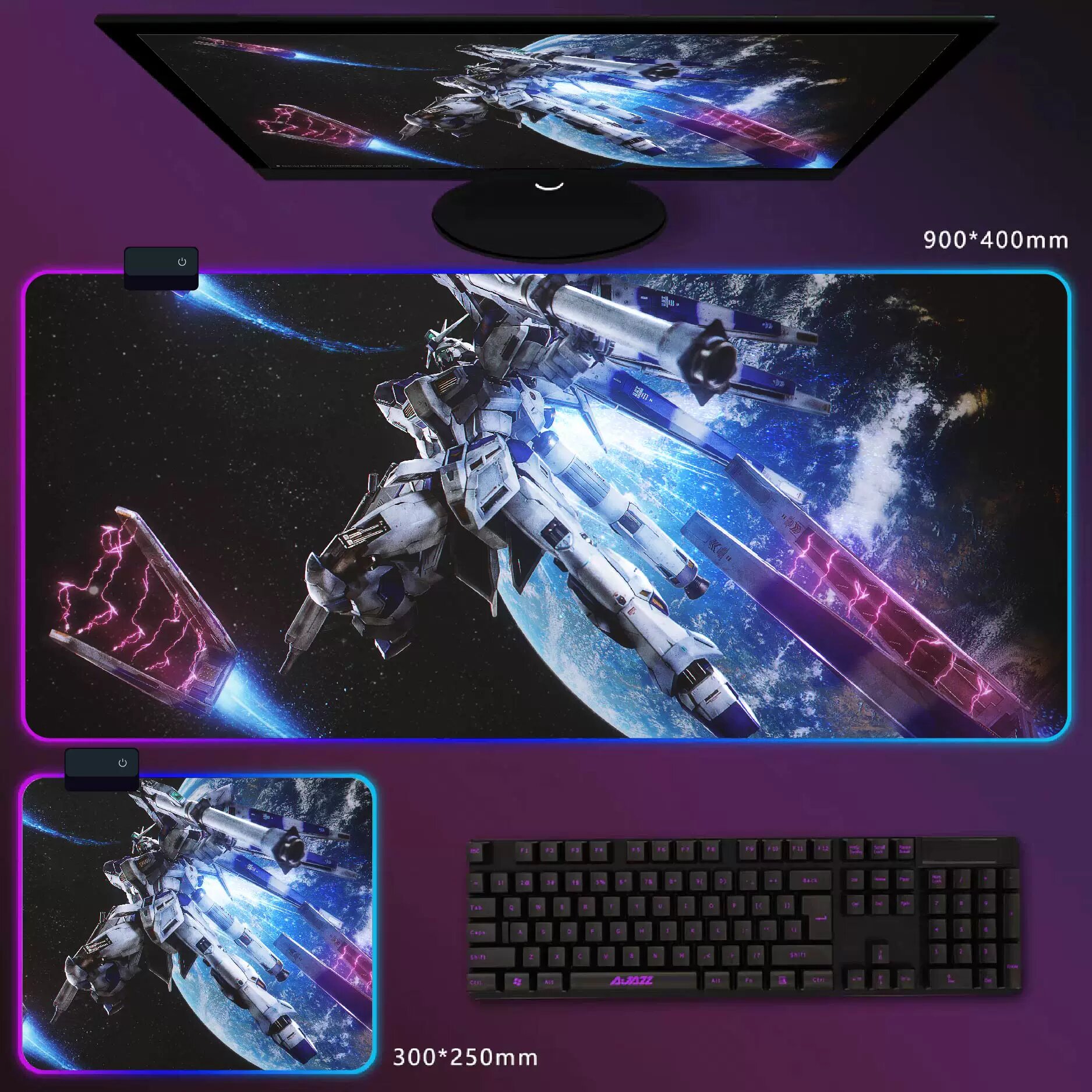 Коврик для мыши с подсветкой RGB Mobile Suit Gundam 700x300 мм, толщина 4 мм для игр и офиса