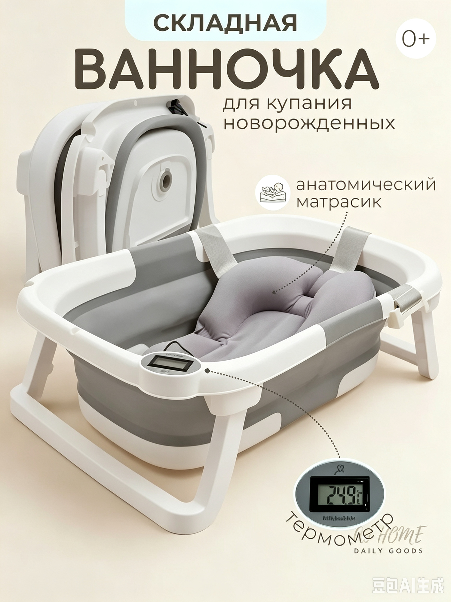 Складная ванночка для новорожденных с термометром и анатомической подушкой