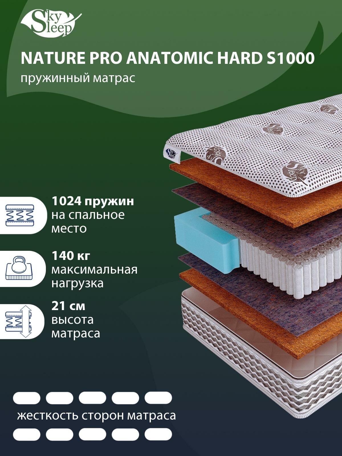 Матрас SkySleep NATURE PRO Anatomic Hard S1000 120×220, на независимых пружинах, жёсткий, 21 см