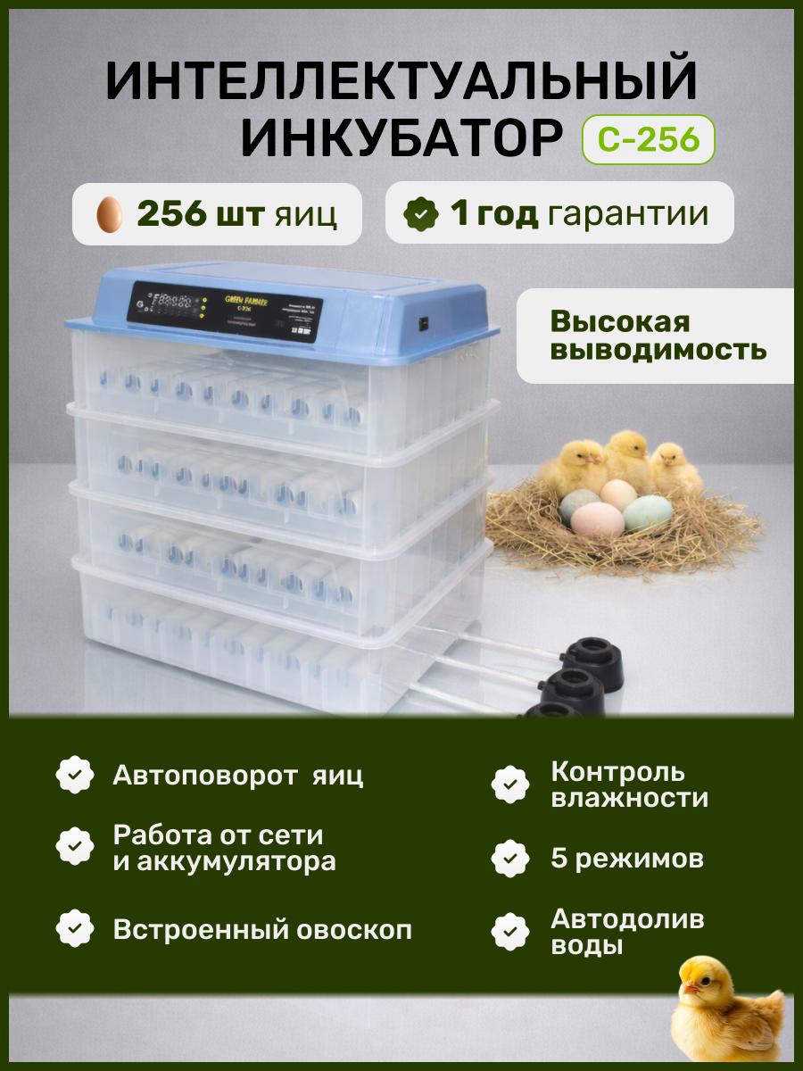Инкубатор для яиц автоматический С-256 с терморегулятором, гигрометром, овоскопом, автоповоротом, 220В/12В