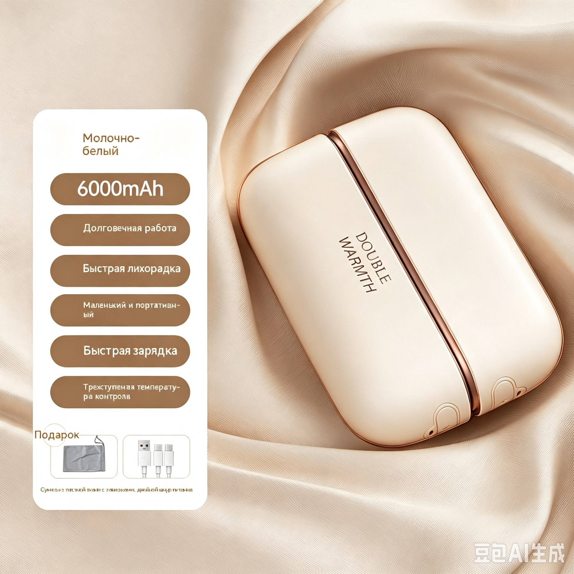 Грелка для рук, 3 температурных режима, магнитная, 2 отделения, 6000mAh