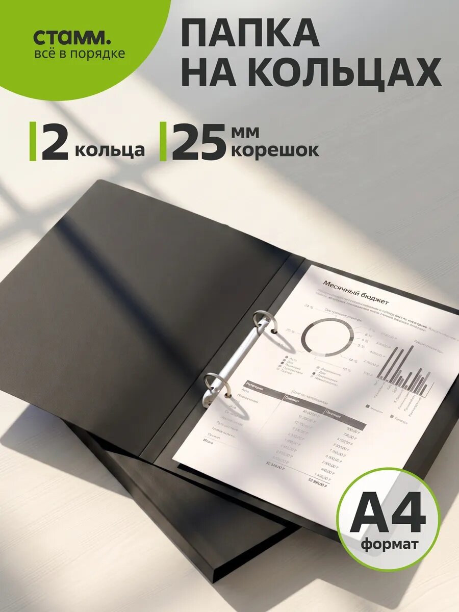 Папка-регистратор для документов СТАММ, А4, на кольцах, пластик, черная, 2 кольца