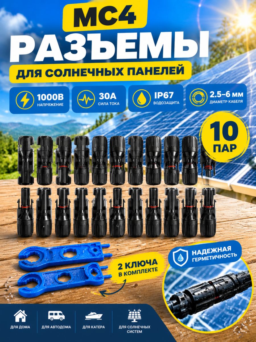 MC4 разъемы для солнечных панелей 10 пар, IP67, 1000В 30А, водонепроницаемые коннекторы, кабель 2.5-6 мм, 2 ключа