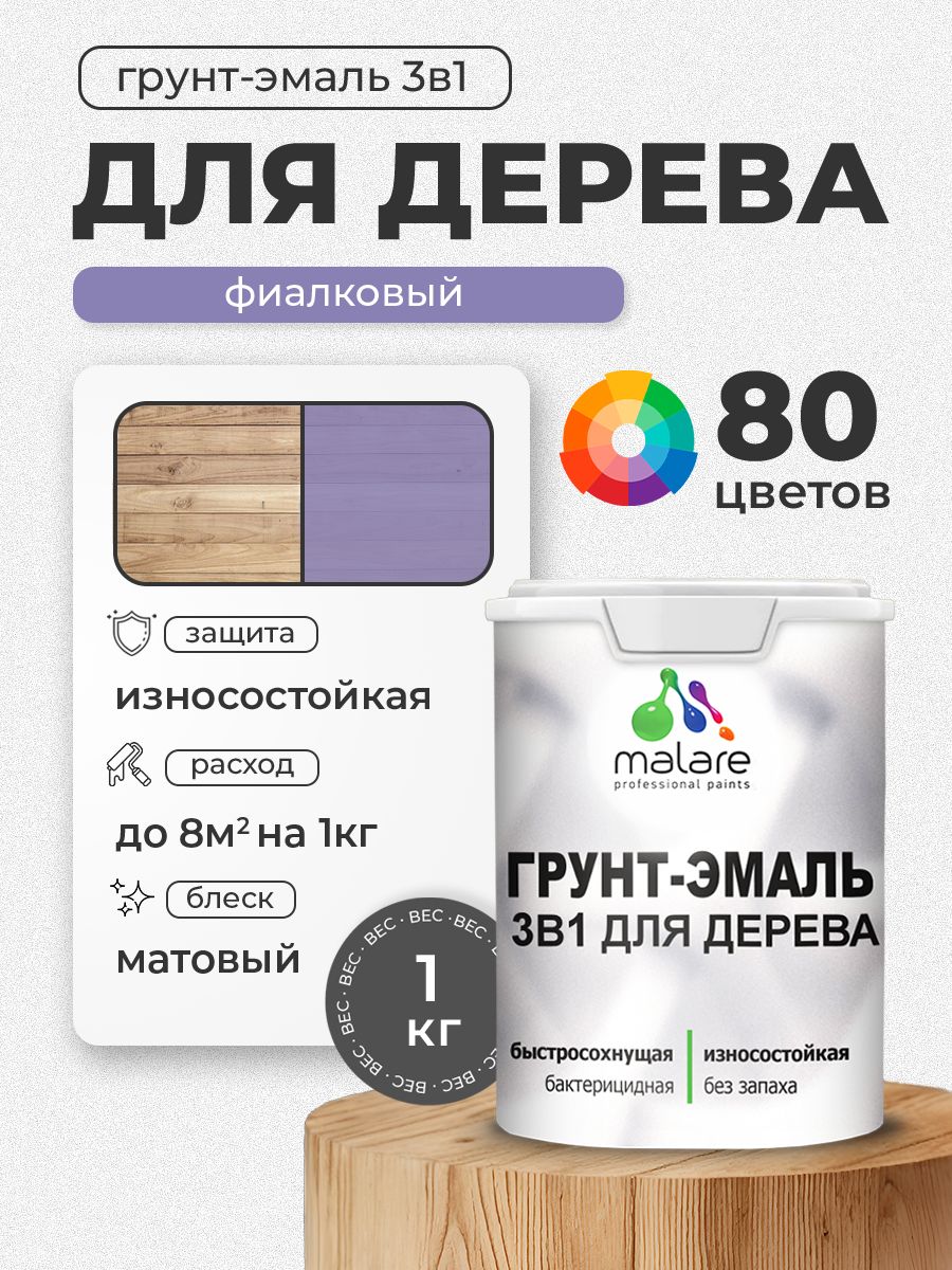 Акриловая Грунт-Эмаль 3 в 1 Malare для деревянных поверхностей/ краска по дереву с антисептическим эффектом/ быстросохнущая моющаяся без запаха матовая, фиалковый, 1 кг