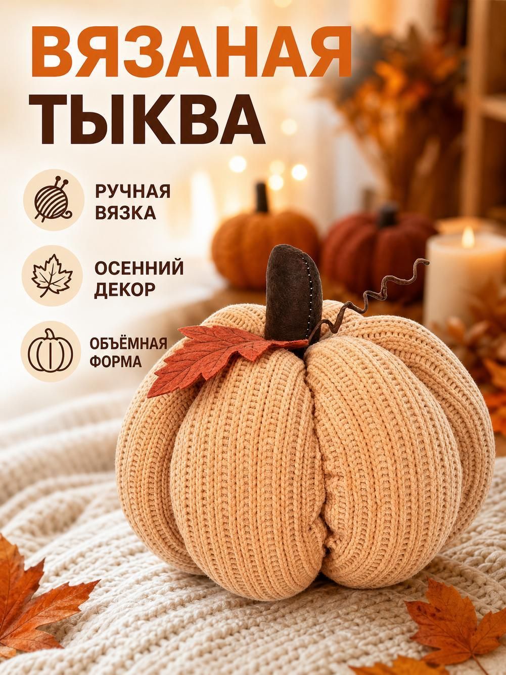 Вязаное маленькое украшение в виде тыквы для праздничного декора интерьера