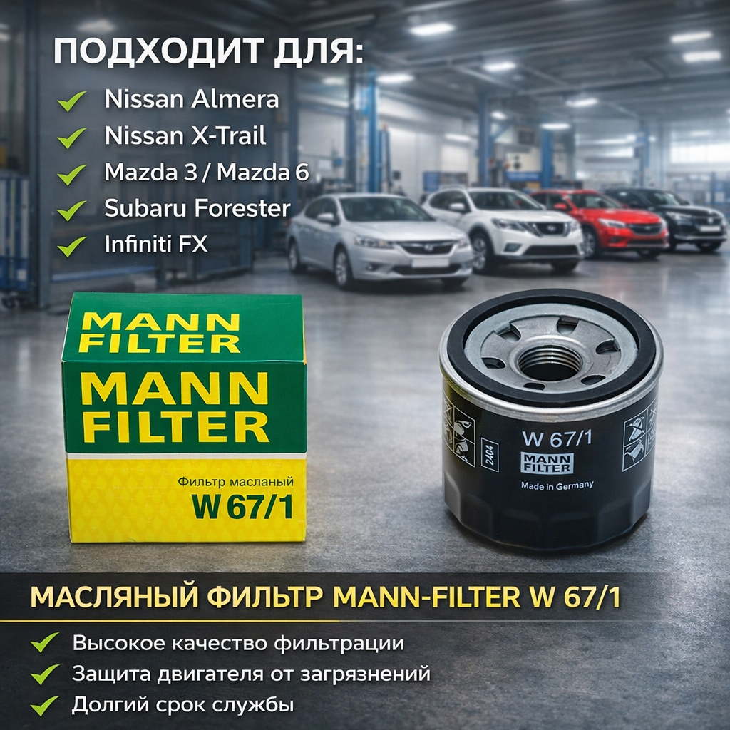 Фильтр масляный MANN-FILTER W67/1 подходит: Nissan Almera, X-Trail, Mazda 3/6, Subaru Forester, Infiniti FX
