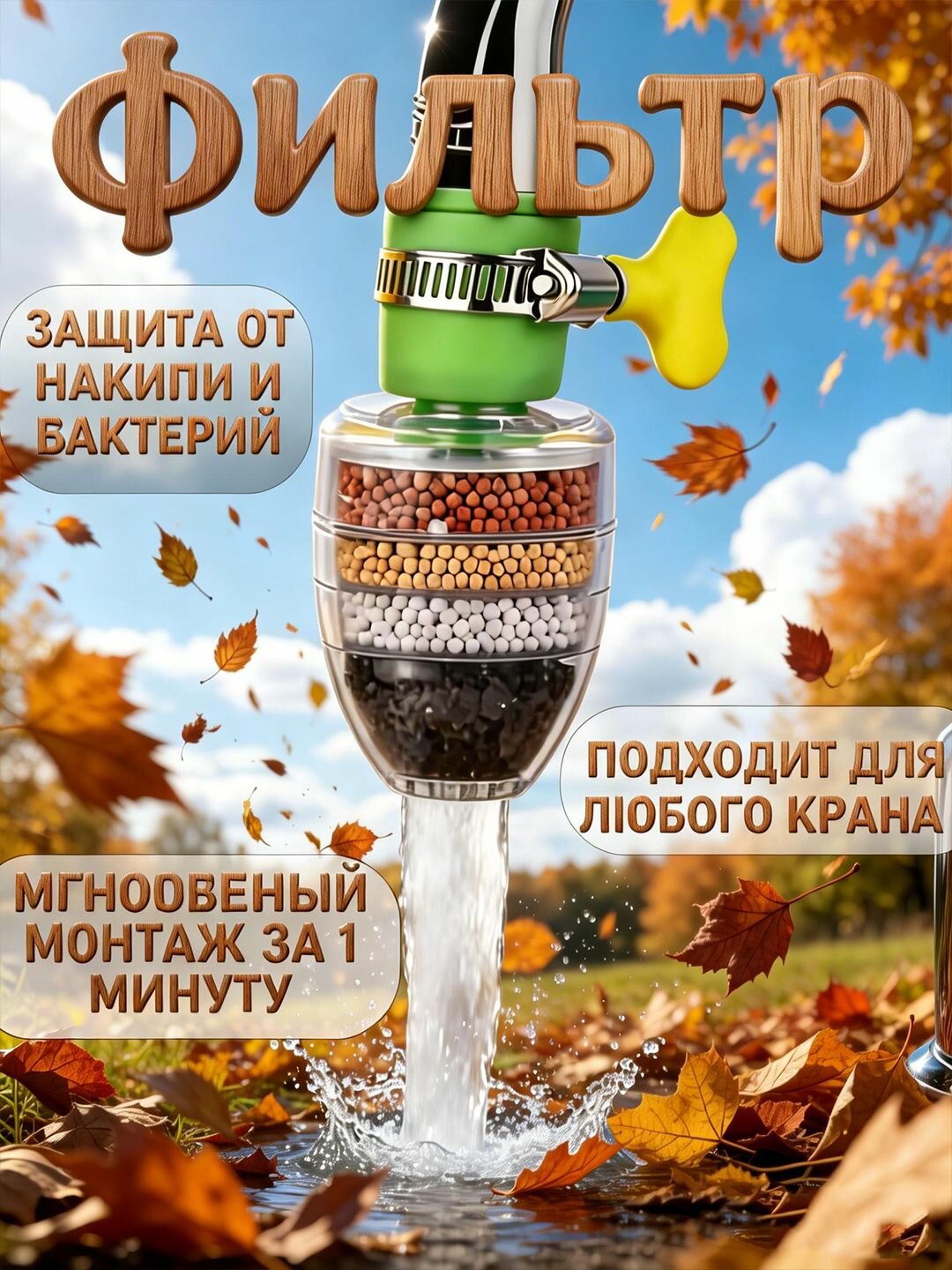 Универсальный фильтр-насадка на кран: для кухни, с антибрызговой лейкой, очистка воды, простой монтаж фильтр насадка для воды кухня простая установка