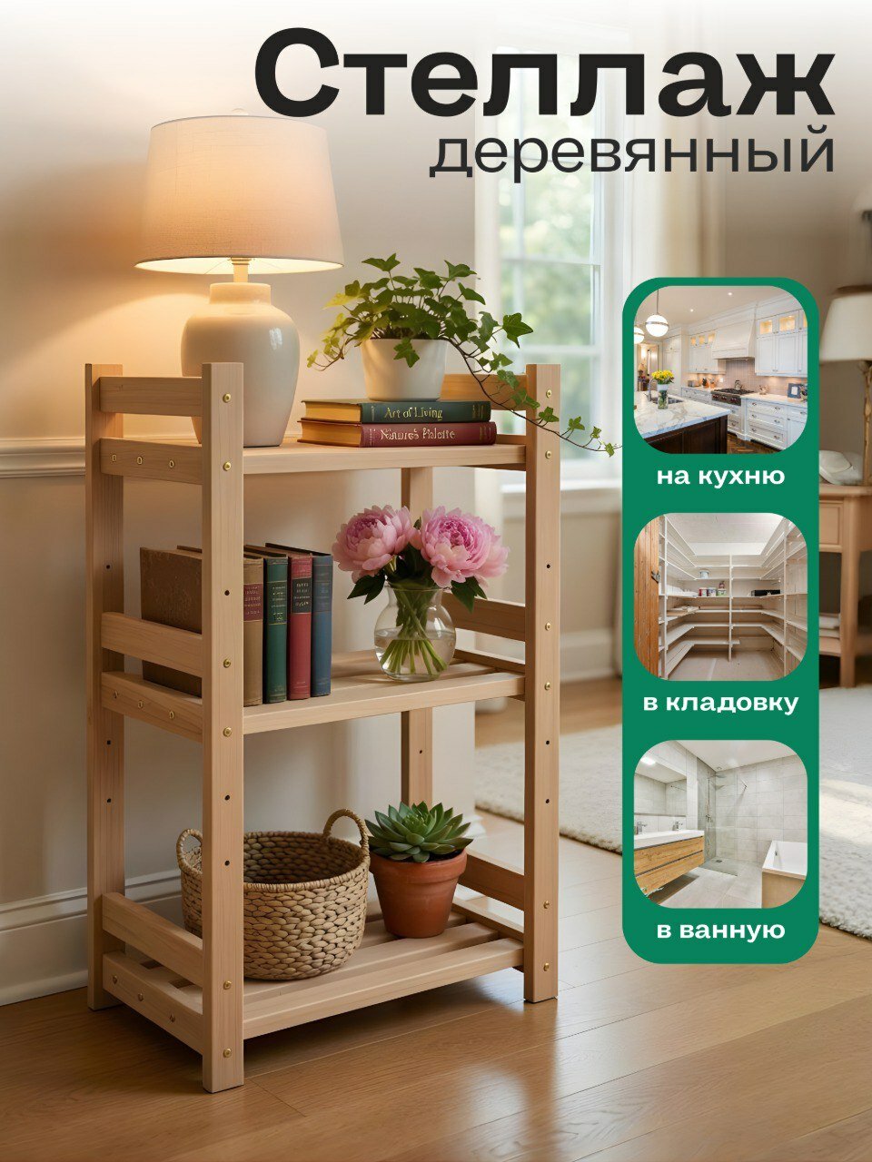 Деревянный стеллаж напольный / этажерка из массива берёзы 70*44*28 STD 25