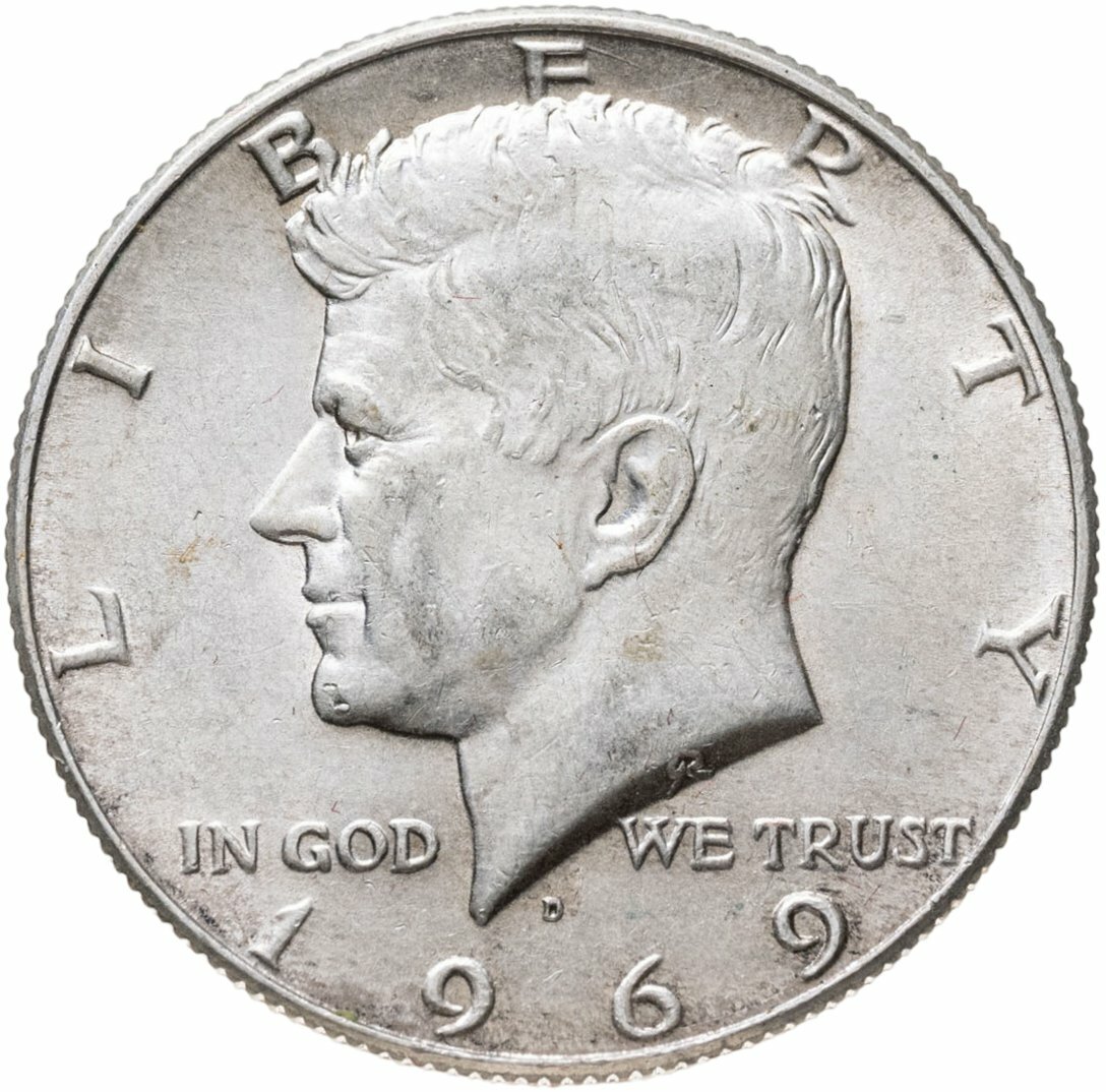 США 50 центов 1/2 доллара, half dollar 1969 D Kennedy Half Dollar Кеннеди знак монетного двора "D" - Денвер, Серебро 400, в сохранности UNC