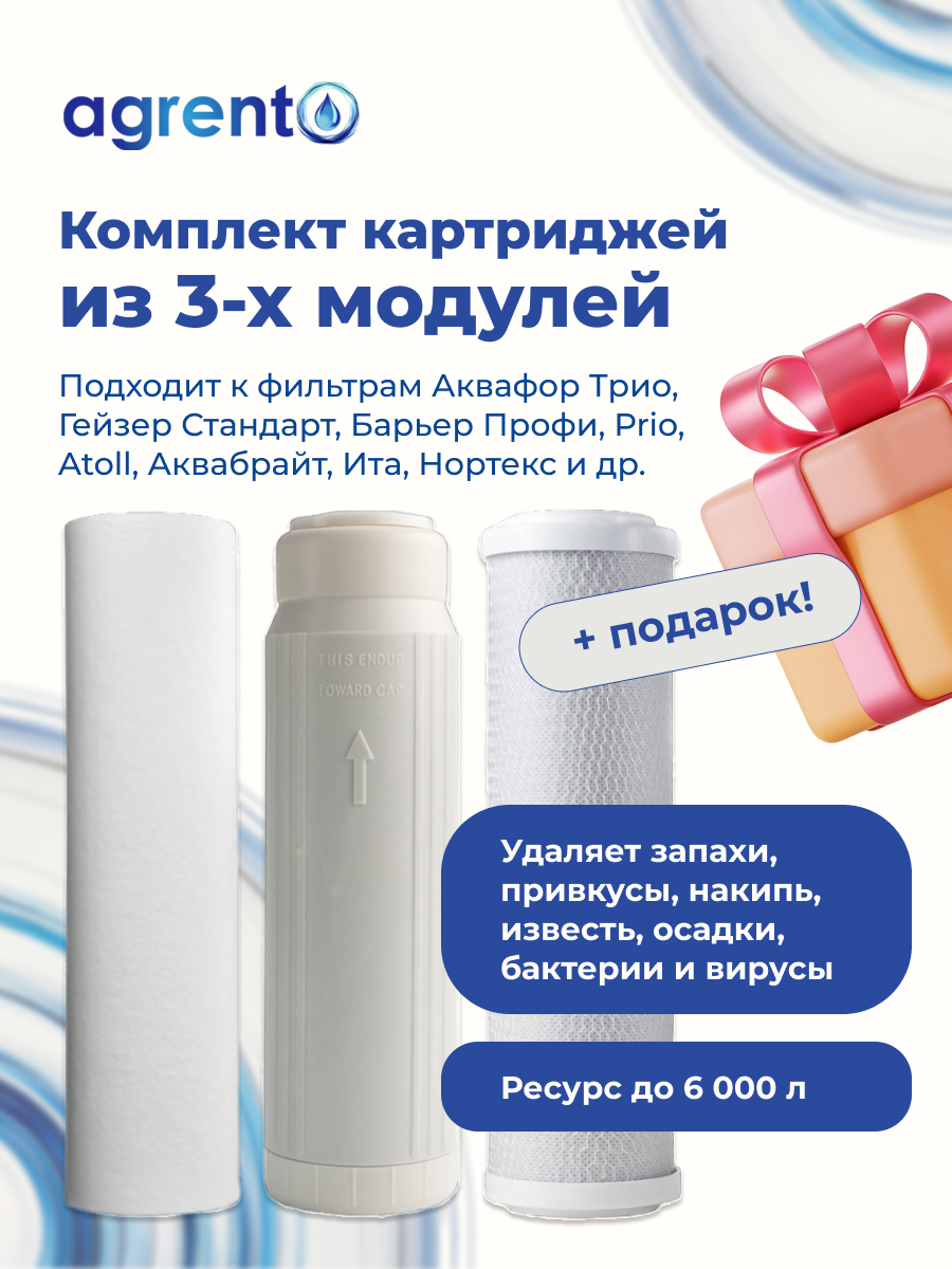 Комплект из 3-х сменных от накипи 10SL. Умягчающий. Подходит к фильтрам Аквафор Трио, Барьер, Гейзер и других + подарок