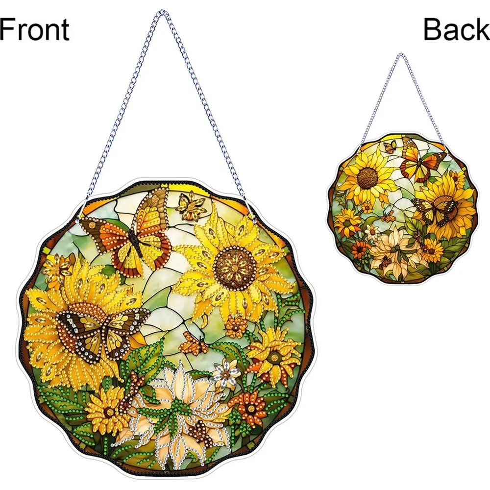 Диамантная картина-подвеска Солнечный ловец с бабочкой и подсолнухом, акриловая, 24 24 см