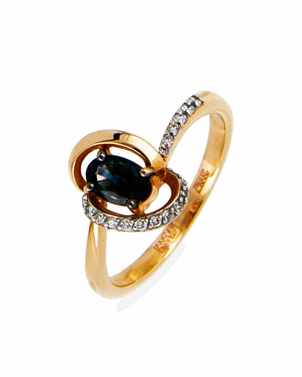 Кольцо помолвочное, на три пальца, красное золото, 585 проба, родирование, сапфир, бриллиант