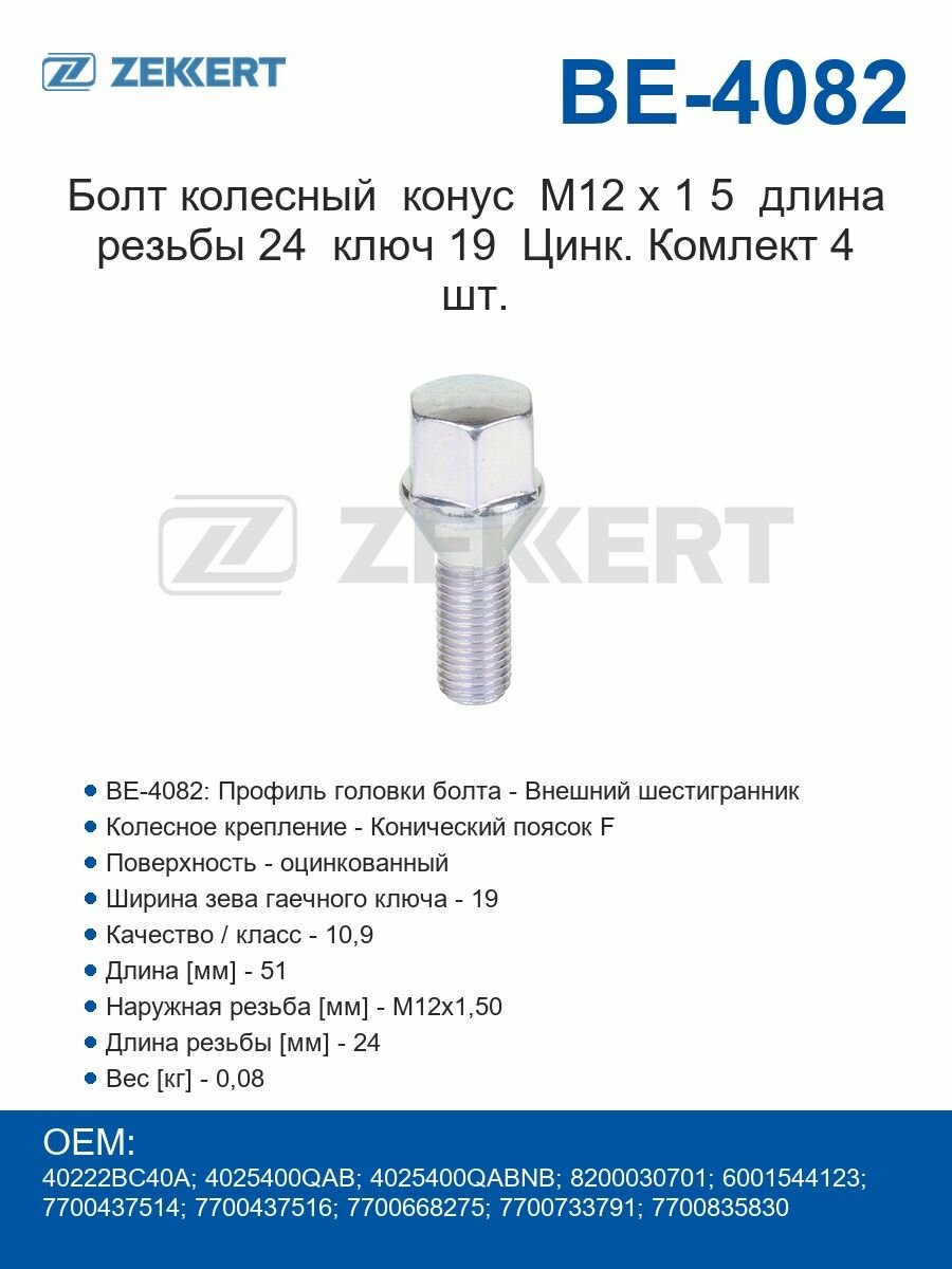 Zekkert Болт колесный конус M12 x 1,5 длина резьбы 24 ключ 19 Цинк. Комплект - 4 шт.