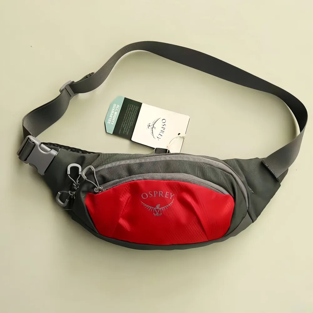 Сумка на пояс Osprey, серо-красная, мужская, женская, повседневная, высота 16 см, ширина 25 см, глубина 15 см, нейлон