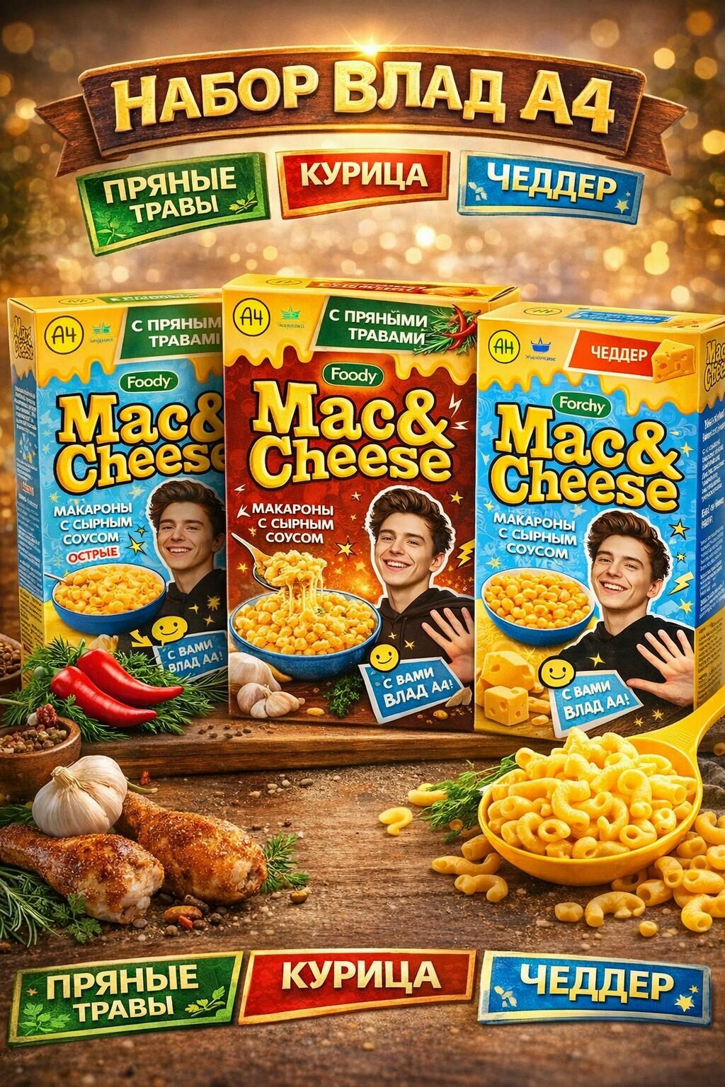 Набор 3 вкуса макарон Влад А4 Mac&Cheese по 143 гр