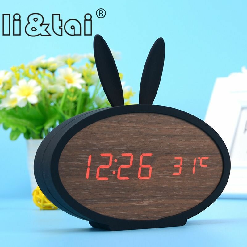 Деревянные часы, светодиодный будильник, бесшумный вечный календарь с голосовым управлением, термометр, милые электронные часы из силикона в виде кролика.