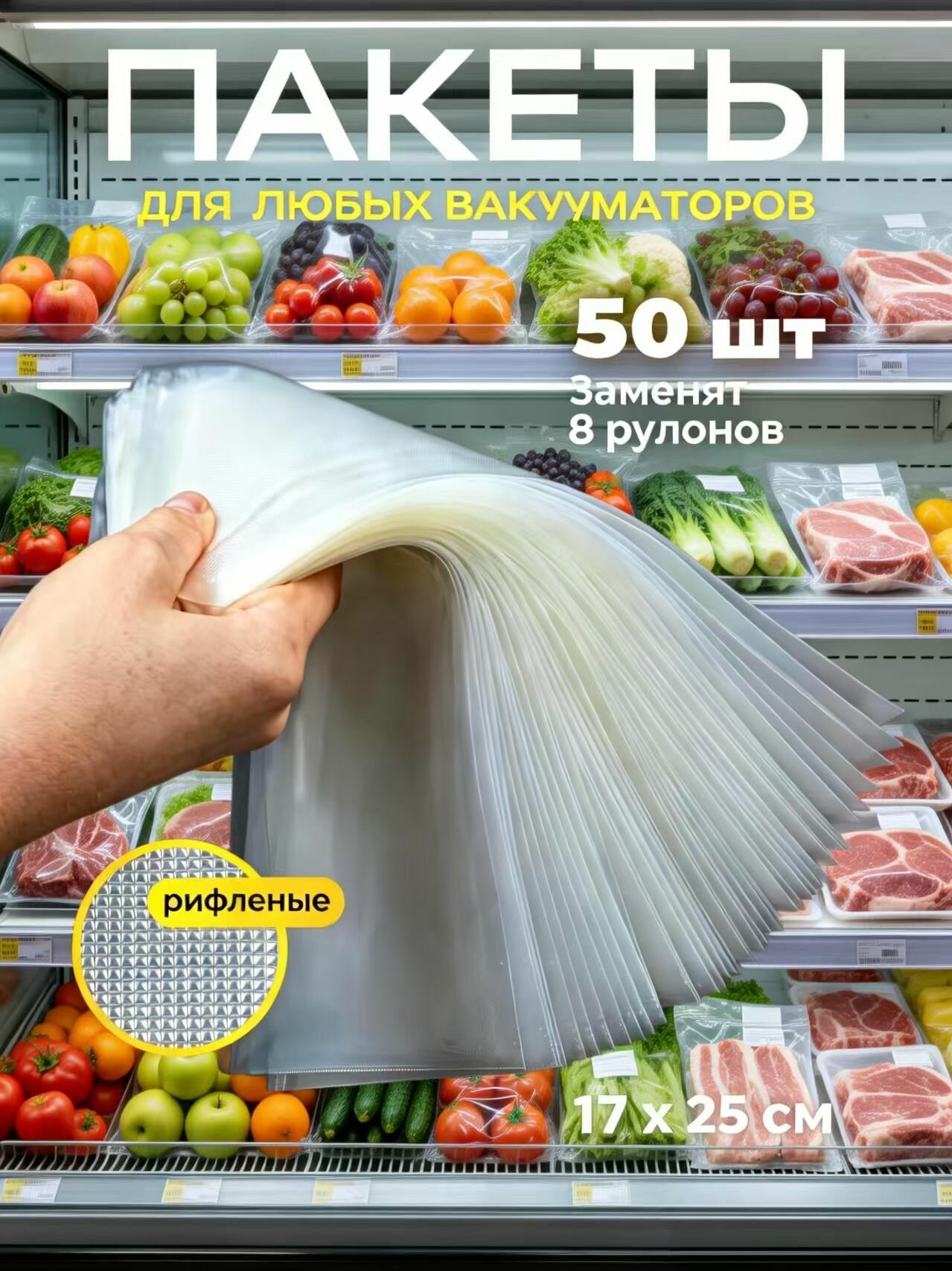 Пакеты для вакууматора рифленые, вакуумные пакеты для продуктов 17х25 см