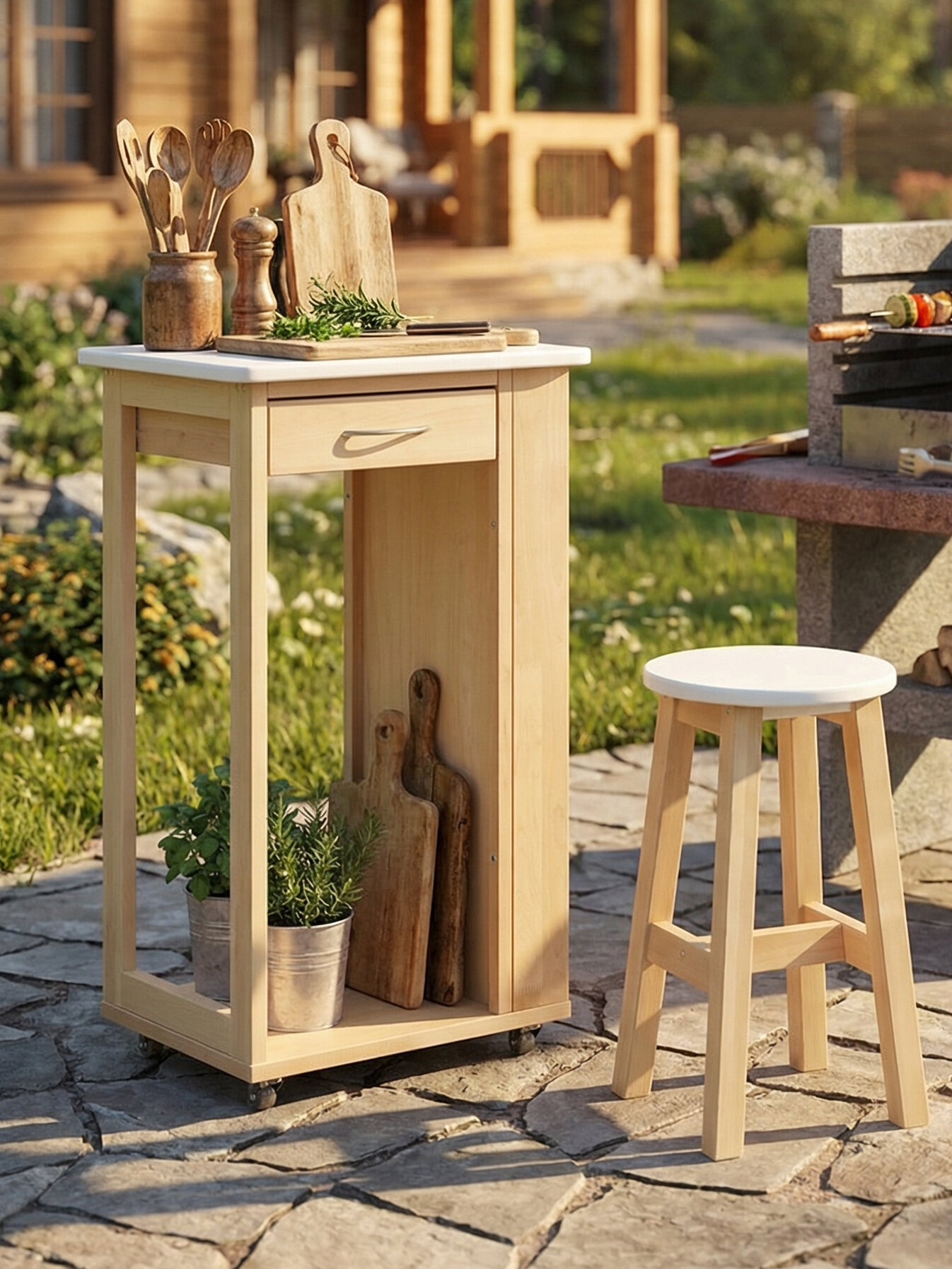 Тумба с табуретом Мебелик с ящиком и полками, на колесиках, цвет белый/лак