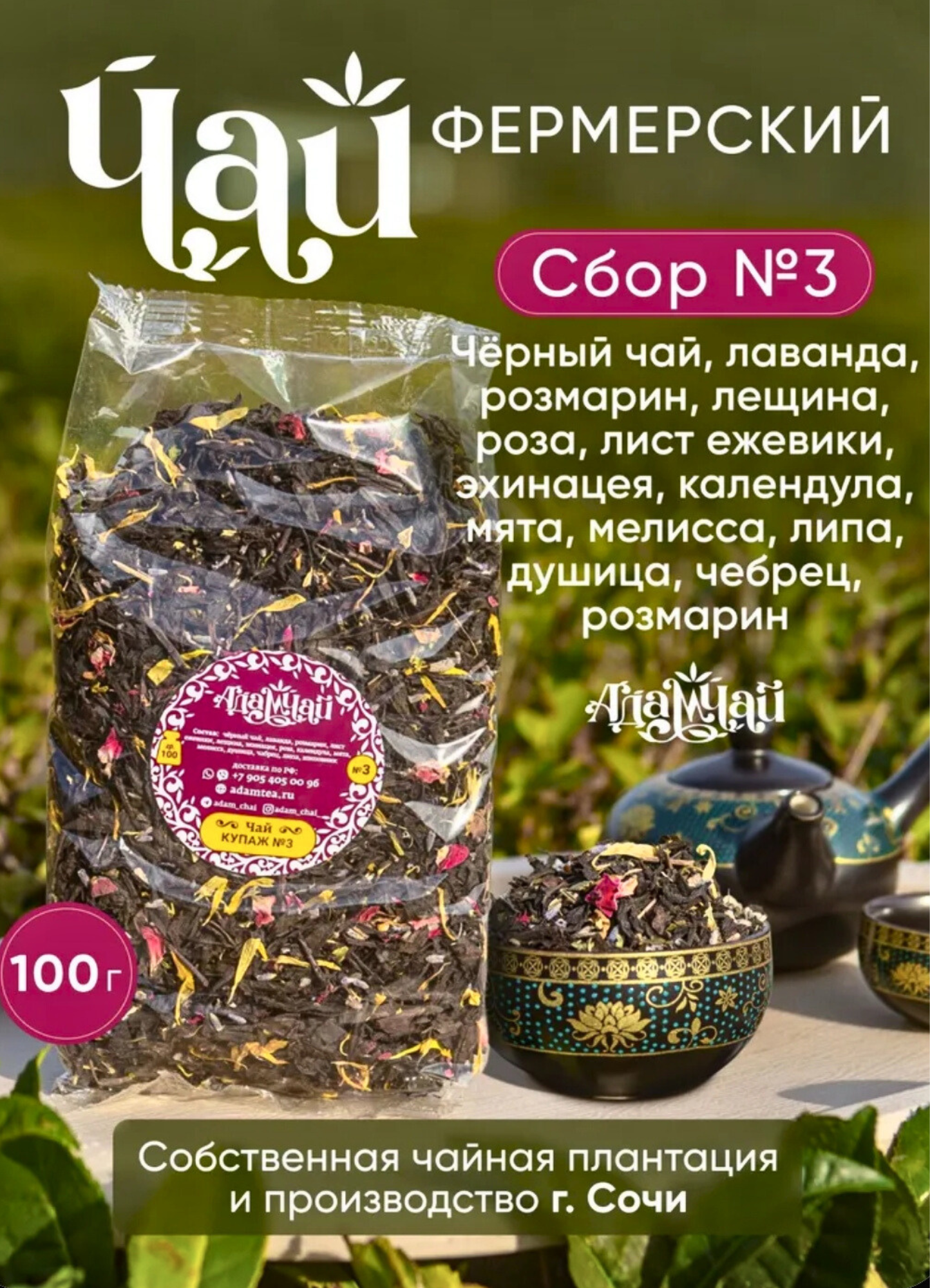 Чай чёрный горные травы, сбор №3 Адам чай со своей плантации в г. Сочи, 100 г