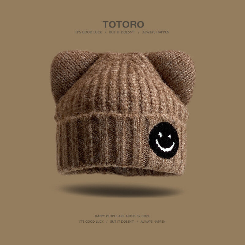 Японская милая вязаная шапка с кошачьими ушками для женщин, однотонная шерстяная шапка 2024, осенне-зимняя теплая и универсальная, приятная для кожи носка